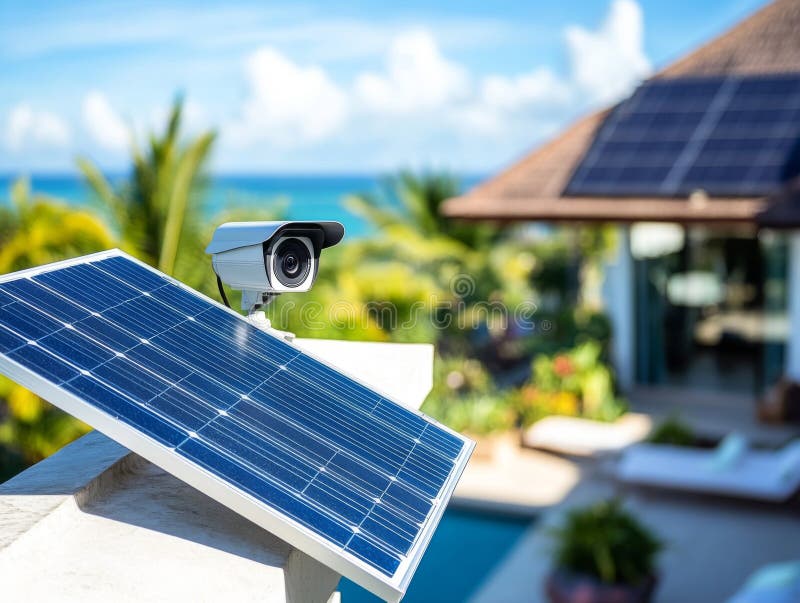 Solar Panel with Security Camera on a Home with a Pool Stock ...