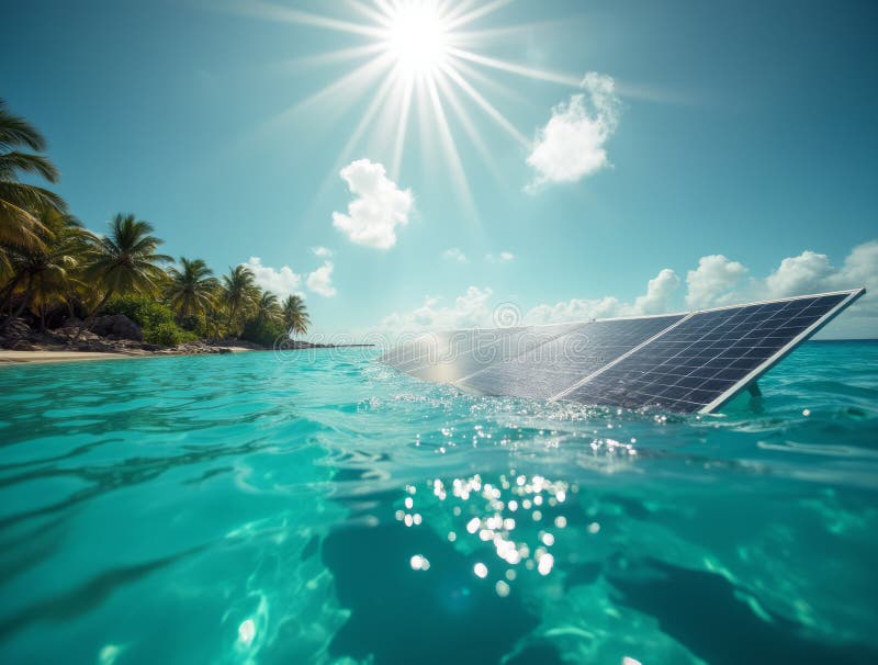 Solar Panel Shining Brightly Under Tropical Sunlight Amid Rising Sea ...