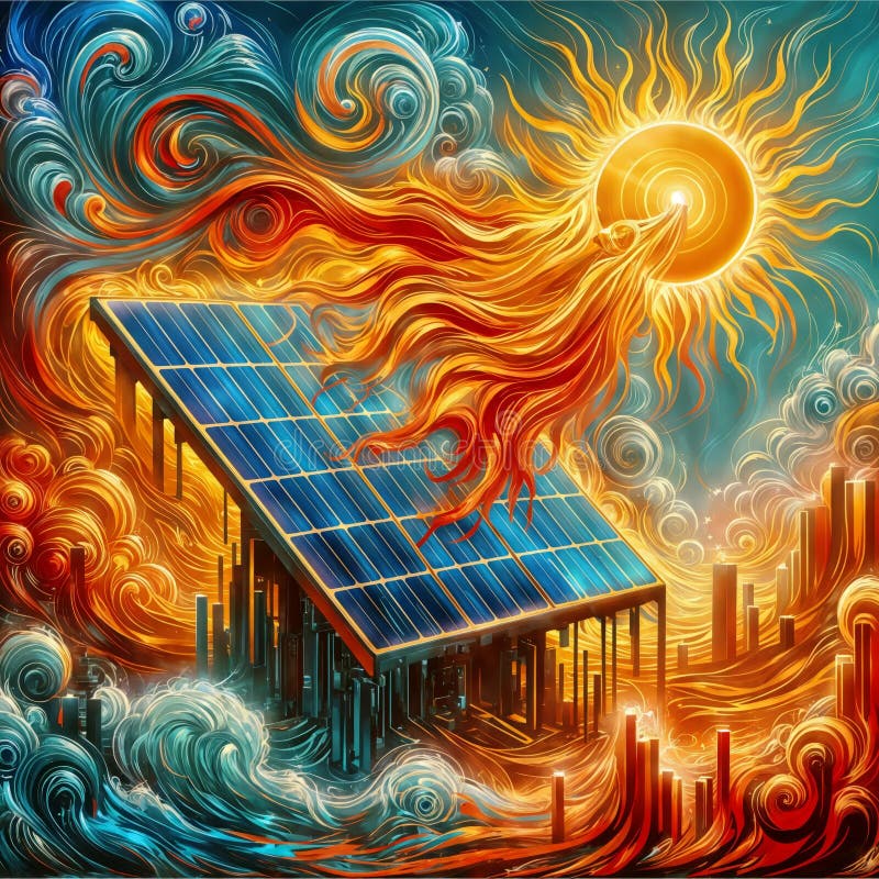Solar Panel with Sun Casting Shadow, Waves, Generative Ai Stock ...