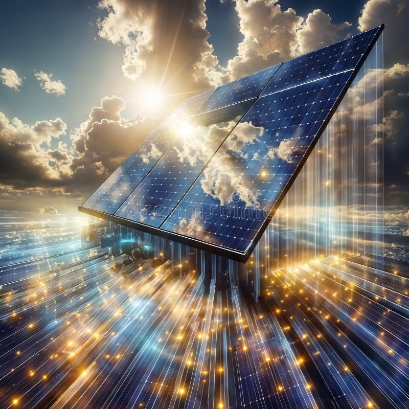 A Solar Panel Emits Radiant Light Against a Backdrop of Sun and Clouds ...