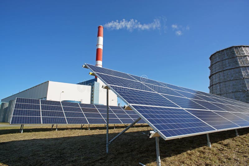 Solar Panel, Smokestack and Water Cooler at Power Plant Stock Image ...