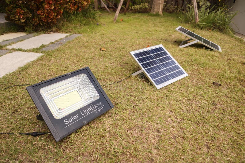 Solar Panel with Spotlight in the House Garden Stock Photo - Image of ...