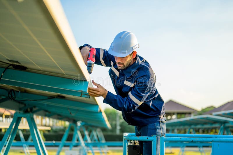 Solar Panel Station, Engineer Installing Solar Panel at Solar Energy ...