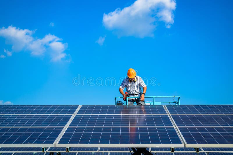 Solar Panel Station, Engineer Installing Solar Panel at Solar Energy ...