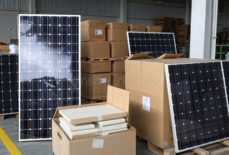 Organized Solar Panel Storage Facility with Packaging, Generative Ai ...