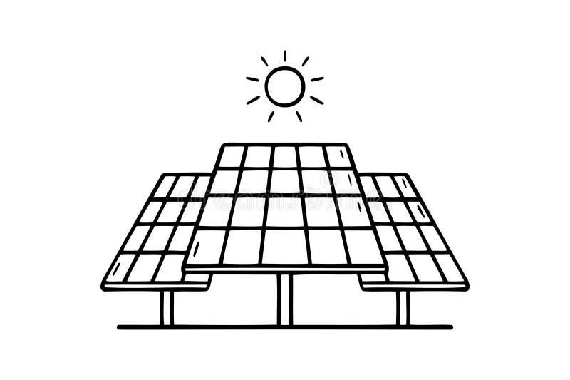 Solar Panel and Sun Doodle Hand Drawn Icon. Outline Drawing Solar Panel ...