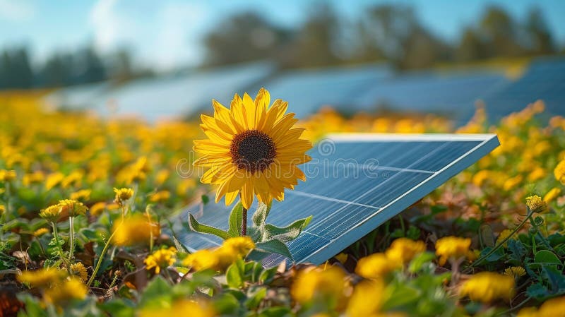 Solar Panel and Sunflower in a Field Stock Illustration - Illustration ...