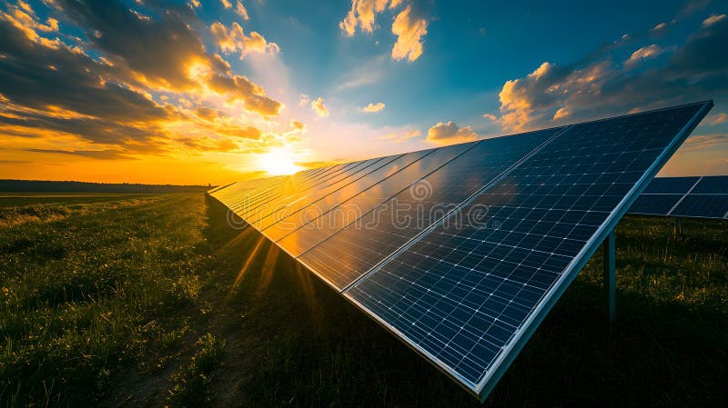 Solar Panel at Sunset in a Green Field Stock Illustration ...