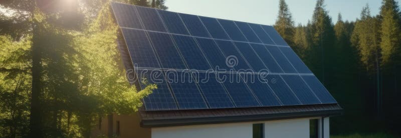 Solar Panel System on Roof of Modern House with Sunlight Reflection ...