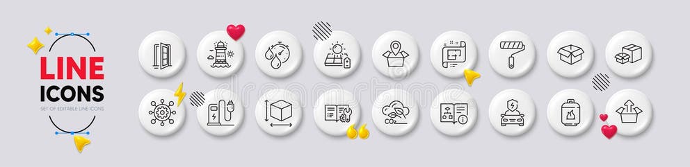 Solar Panel, Technical Algorithm and Opened Box Line Icons. for Web App, Printing. White Buttons ...