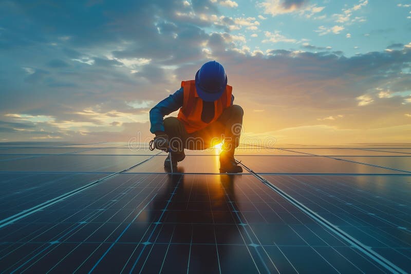 Solar Panel Technician with Drill Installing Solar Panels. Generative ...