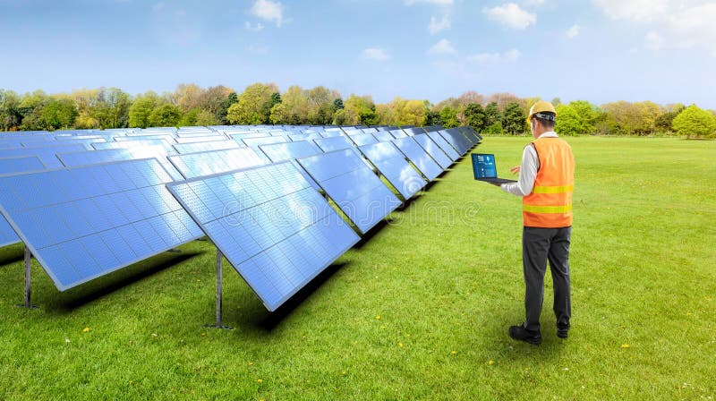 Solar Panel Technician with Solar Farm Stock Image - Image of ...
