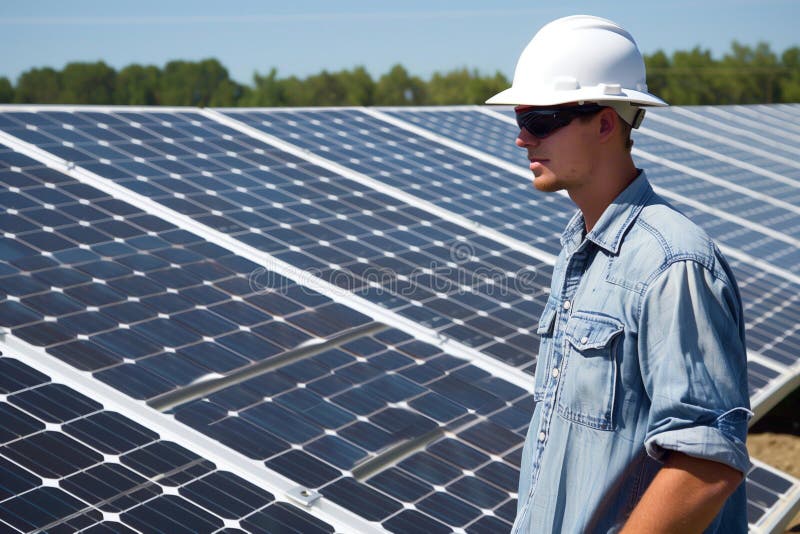 Solar Panel Technician Inspecting Array during Daytime. Stock ...