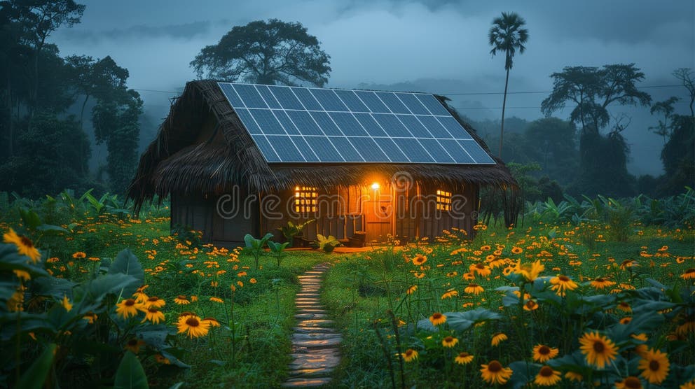 Solar Panel on Top of Hut in Village Stock Illustration - Illustration ...