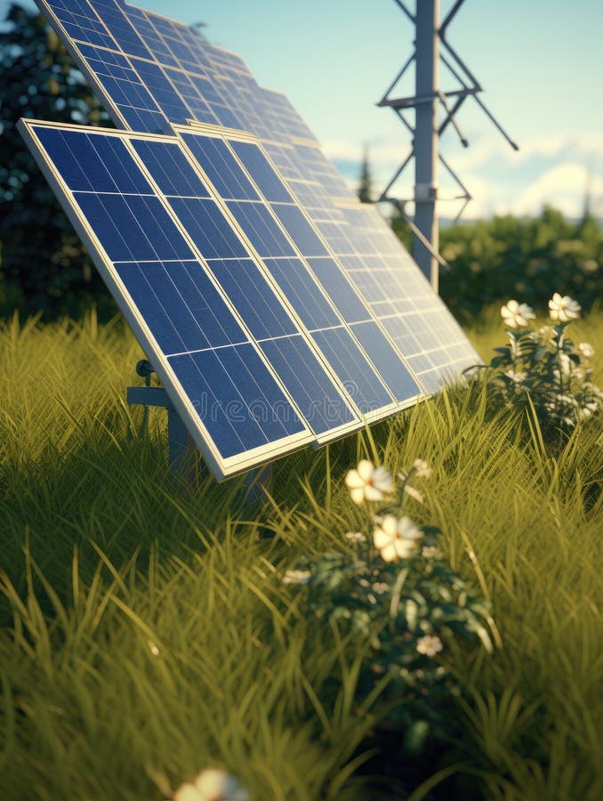 Solar Panel and Two Wind Turbines on the Ground Stock Image - Image of ...