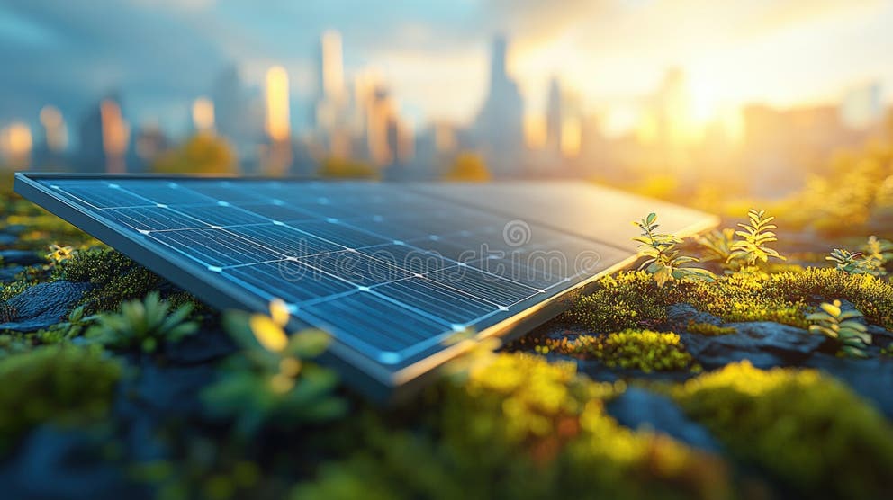 Solar Panel in Urban Environment with Greenery and City Skyline at ...