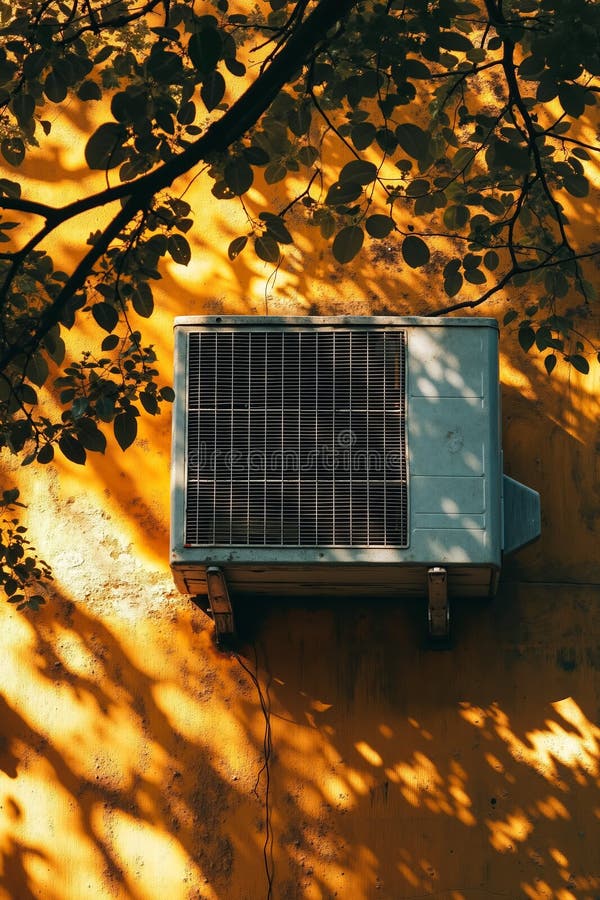 A Air Conditioner on the Side of a Yellow Wall with a Tree in the ...