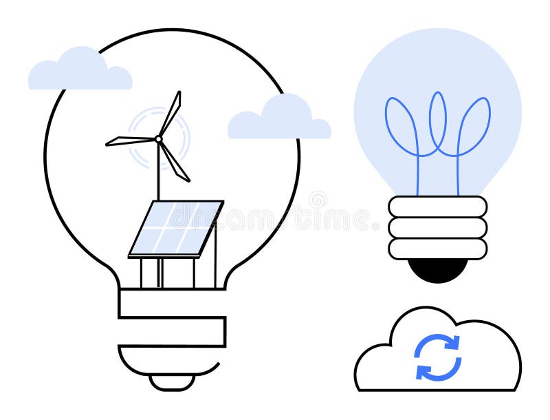 Renewable Energy Concepts with Solar Panels, Wind Turbine, and Abstract Eco-friendly Lightbulb ...
