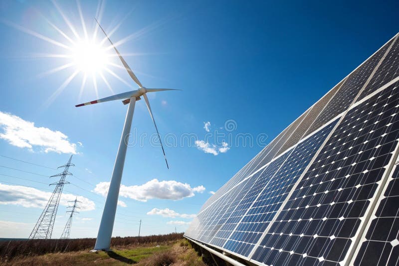 Solar Panel with Wind Turbine and Sunlight Stock Illustration ...