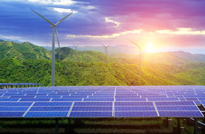 Solar Panel and Wind Turbines, Alternative Electricity Source, Concept ...