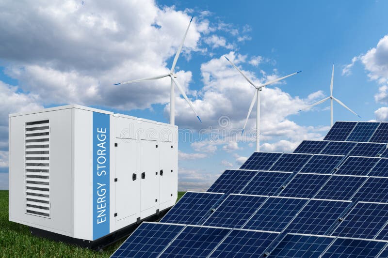 Solar Panel and Wind Turbines with Energy Storage Stock Image - Image ...