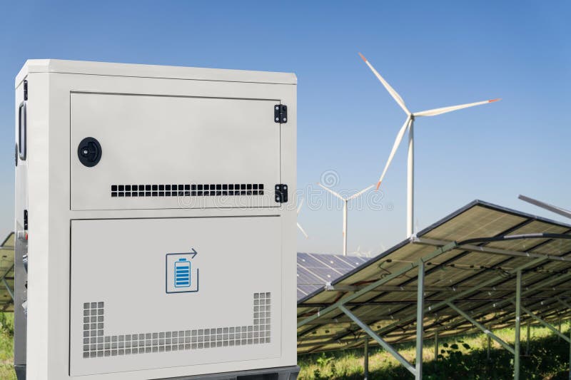 Solar Panel and Wind Turbines with Energy Storage Stock Photo - Image ...