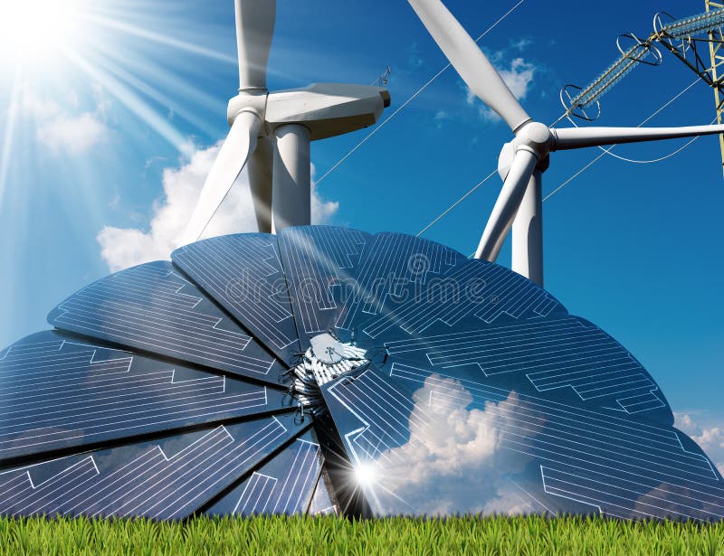 Solar Panel - Wind Turbines - Power Line Stock Photo - Image of ...