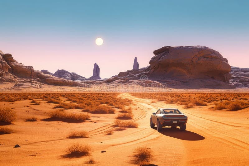 Solar-paneled Car Driving through a Desert Landscape Stock Image ...