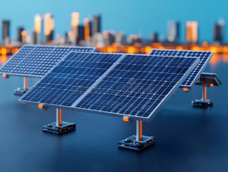 The Solar Panels Absorb Sunlight with a Backdrop of the City Skyline ...