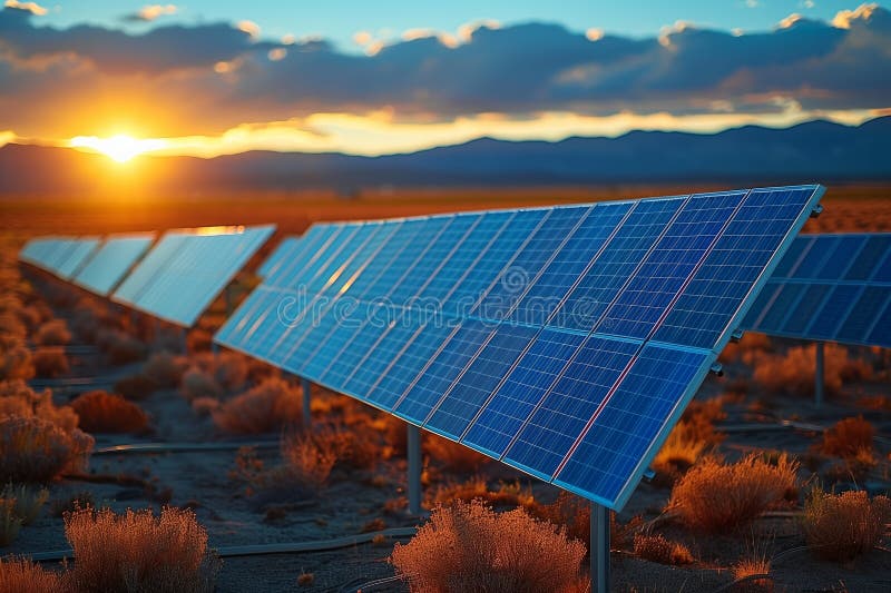 Solar Panels Absorb Sunlight at Sunset in Expansive Desert Landscape ...