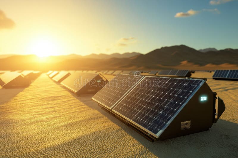 Solar Panels Absorb Sunlight in a Desert Landscape during Sunset Stock ...
