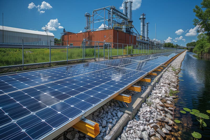 Solar Panels Aligned Along Canal with Power Plant in Background on ...
