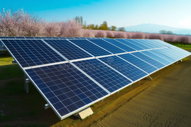 Solar Panels Amid Blooming Farm Fields in Daylight Stock Image - Image ...