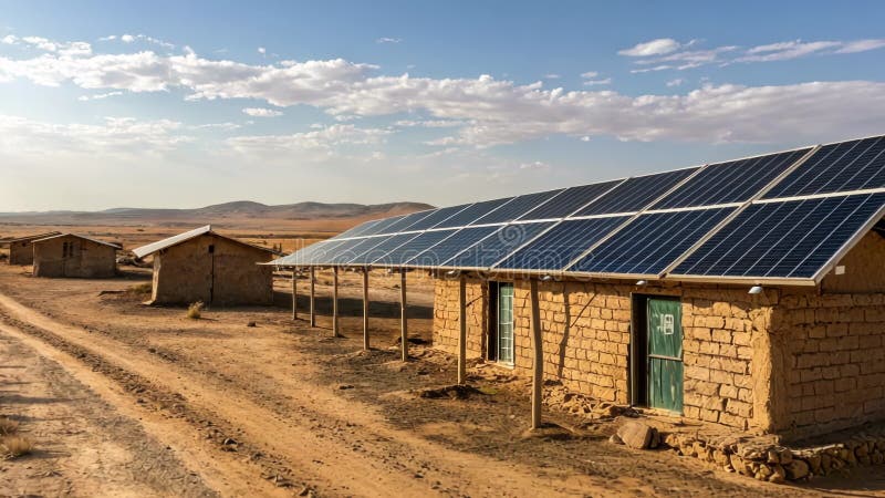 Solar Panels Arranged in Neat Rows beside Simple Earthen Structures in ...