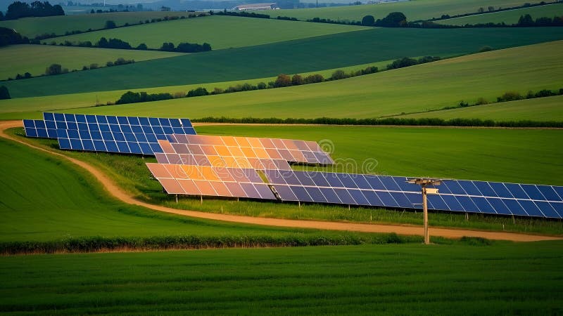 Aerial View of Solar Farms in Rolling Green Hills Stock Image - Image ...