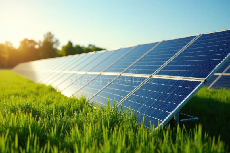 Solar Panels Array on the Grass Under Beautiful Cloudy Sunny Sky ...