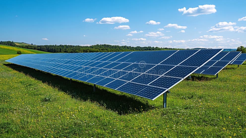 Solar Panels Array in a Green Field Under a Blue Sky Stock Illustration ...