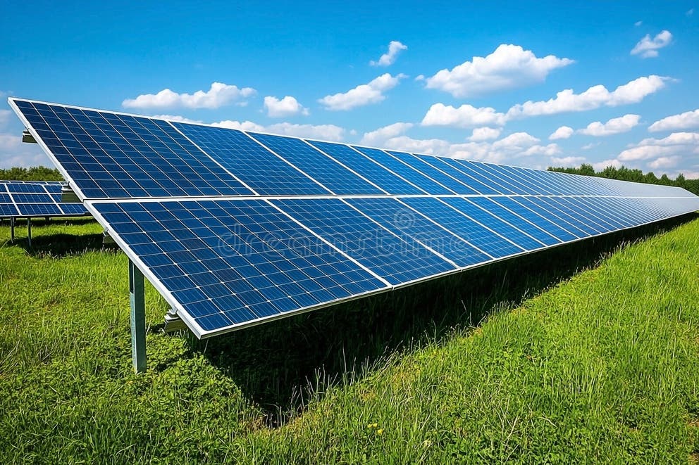 Solar Panels Array in a Green Field Under a Bright Blue Sky with Clouds ...