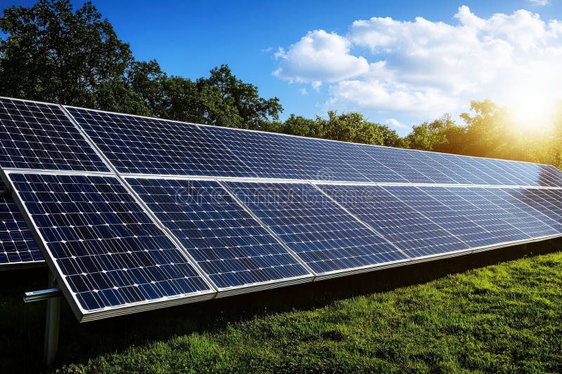Solar Panels Array in a Green Field Under Sunny Sky Stock Illustration ...