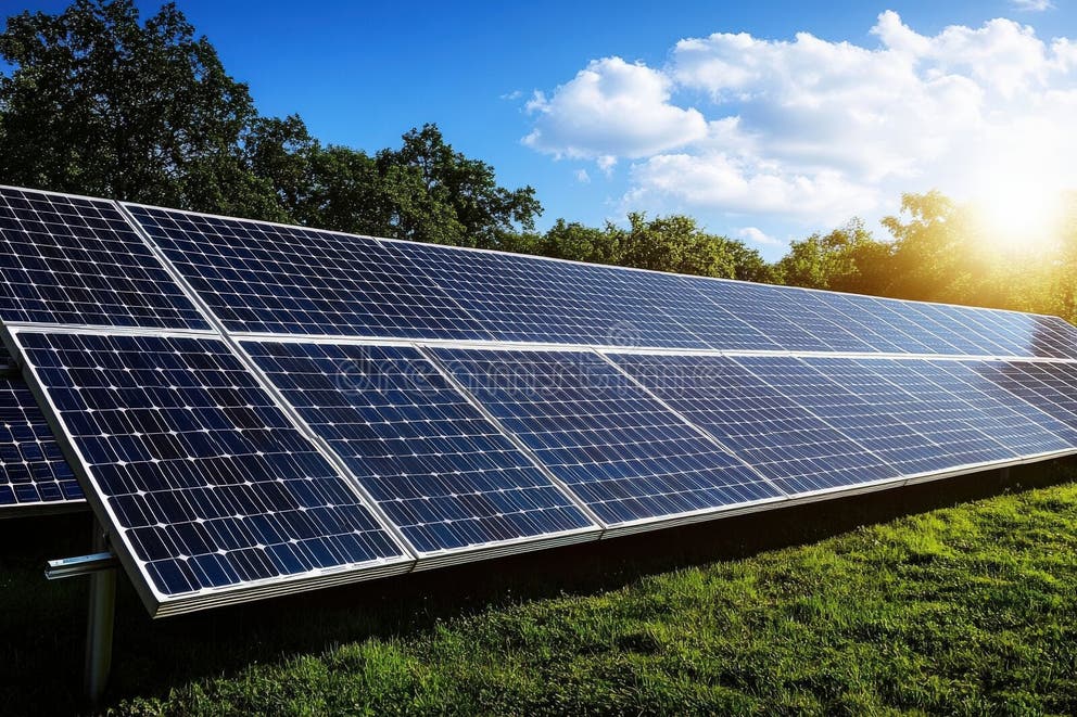 Solar Panels Array in a Green Field Under Sunny Sky Stock Illustration - Illustration of future ...