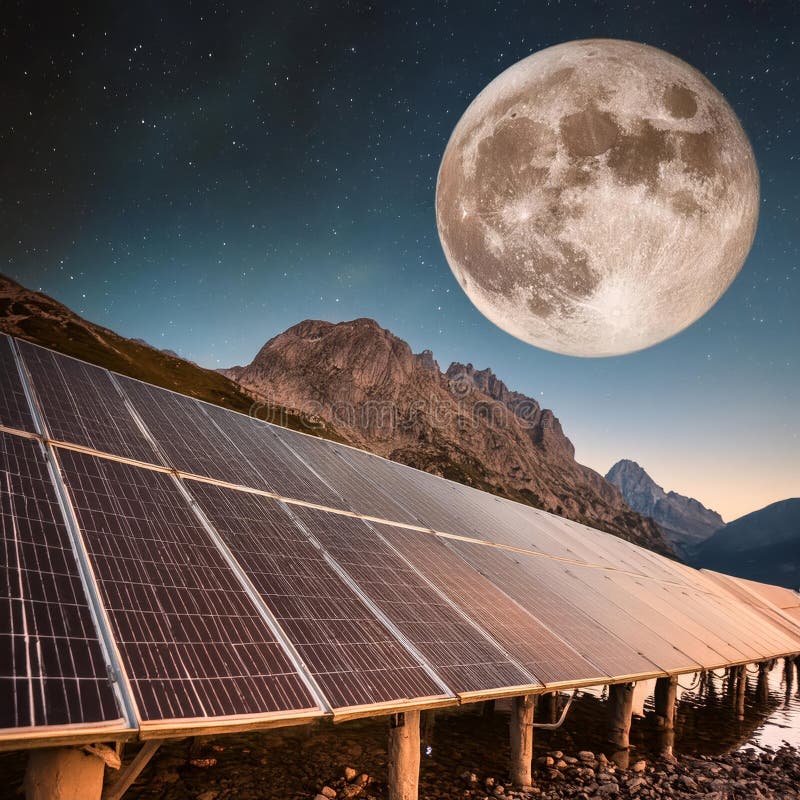 Solar Panels Array Under Full Moon in Mountainous Landscape. Generative ...