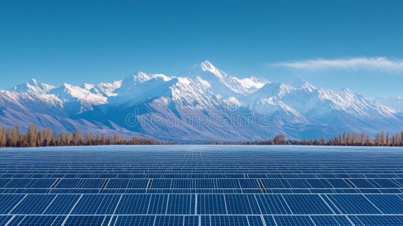 Solar Panels Arrayed Against Majestic Snow Capped Mountains Stock ...