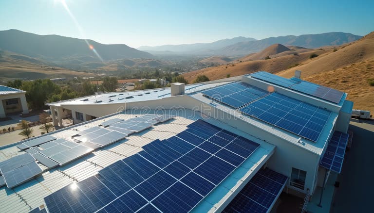 Solar Panels Arrayed on School Building Rooftop, Capturing Sunlight for Efficient Energy ...
