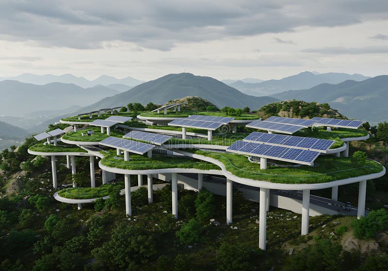 Solar Panels Atop Terraced Green Structure on a Mountain Stock ...