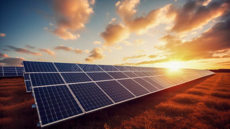Solar Panels in Autumn Landscape at Sunset Stock Illustration ...