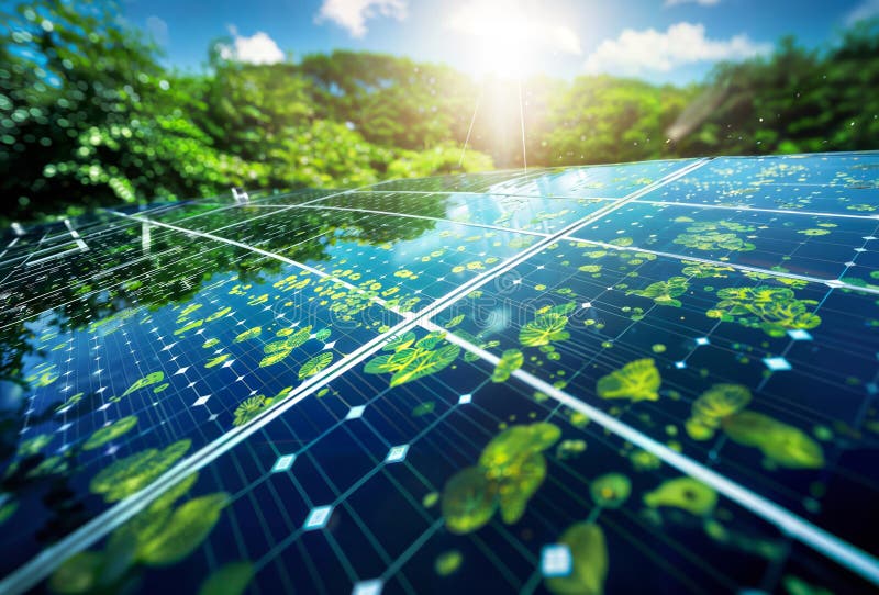 Solar Panels on the Background of Green Trees. 3d Rendering ...