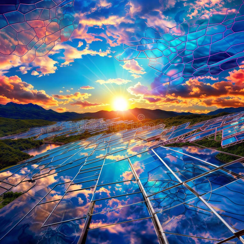Solar Panels and Beautiful Sky at Sunset, South Korea. 3d Rendering ...