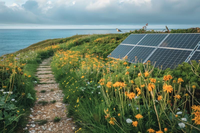Solar Panels in Blooming Flower Field Under a Bright Blue Sky Stock ...