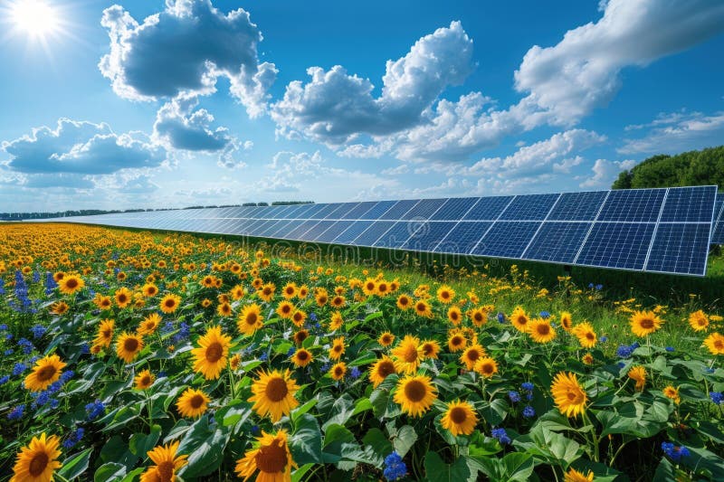 Solar Panels in Blooming Flower Field Under a Bright Blue Sky Stock ...
