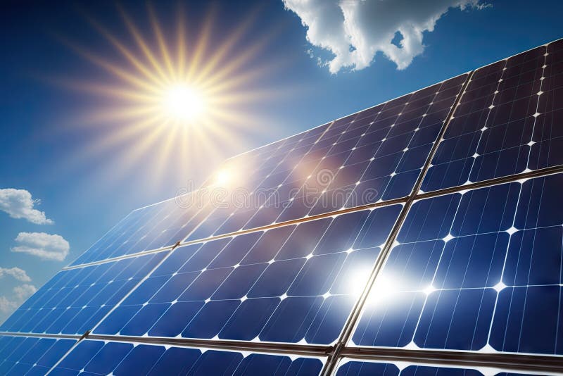 Solar Panels with a Bright Shining Sun on a Blue Sky. Ai Generative ...